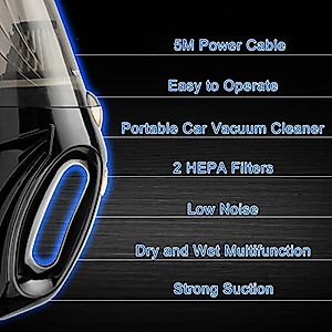 Reserwa [5th Gen] 12V 106W Car 4500PA Much Stronger Suction Potable Handheld Auto Vacuum Cleaner with 16.4FT(5M) Power Cord, Carrying Bag, Cleaning Brush (Black)