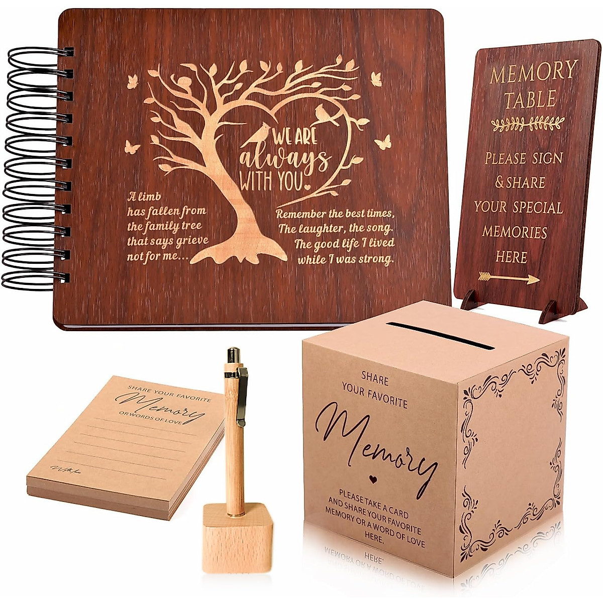 Wooden Funeral Guest Book Set for Memorial Service Celebration of Life Party Decorations in Loving Memory Guest Register Book with Pen& Stand, Included Table Sign,Share a Memory Cards and Box-Tree