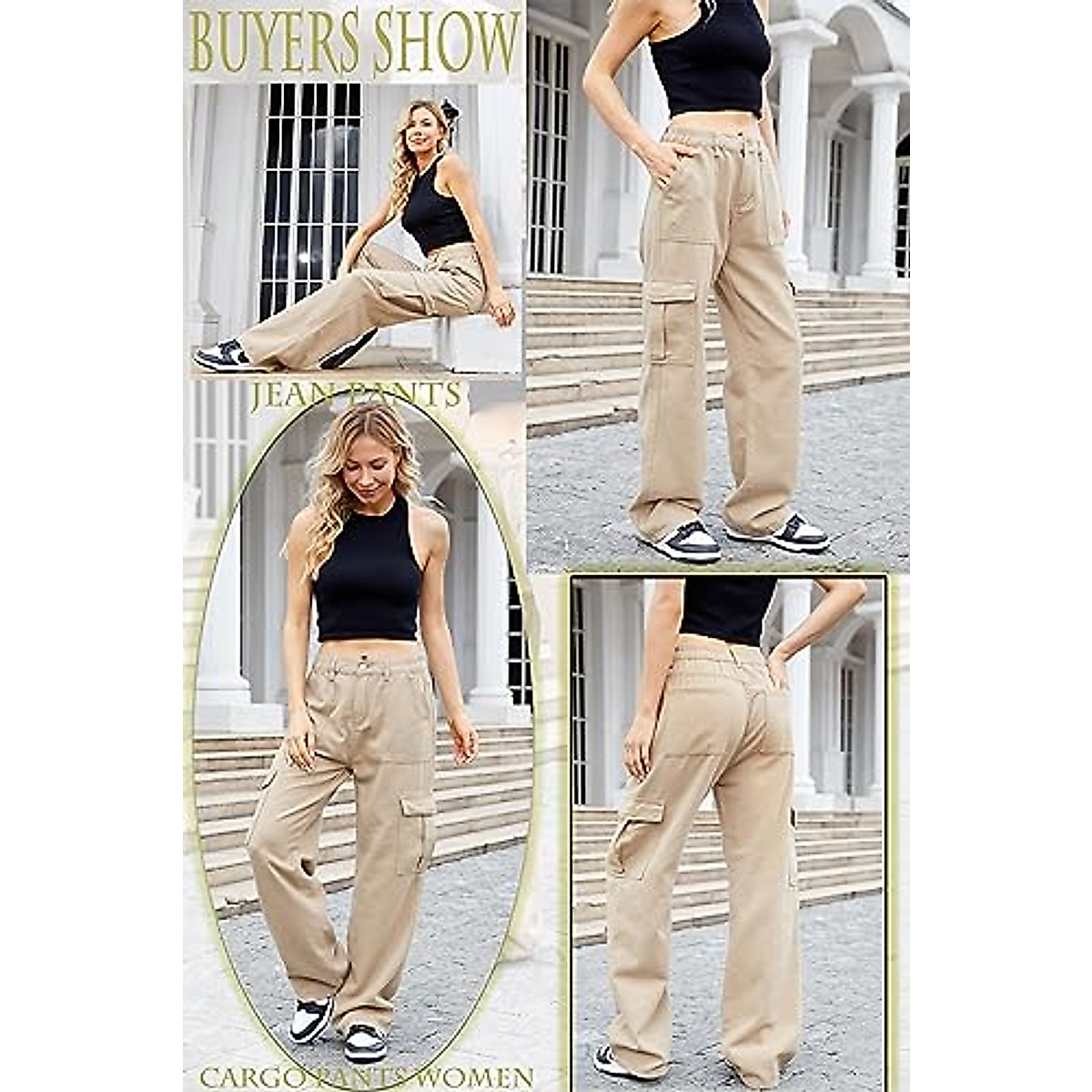 QYANGG High Waist Cargo Pants Women Stretch Baggy Cargo Pants Women Multiple Pockets Relaxed Fit Straight Wide Leg Y2K Pants Khaki
