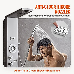 VEVOR Shower Panel System, 6 Shower Modes, LED & Display Shower Panel Tower, Rainfall, Waterfall, 4 Body Massage Jets, Tub Spout, Handheld Shower Head 59" Hose, Stainless Steel Wall-Mounted Shower Set