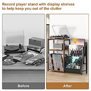 LEBOAHOUS Brown Record Player Table with Vinyl Display Shelf Storage Up to 150 Albums, Printer Stand for Office, End Table Turntable Holder for Living Room, 3 Tier AV Media Stands DVD Video Game Console Shelf