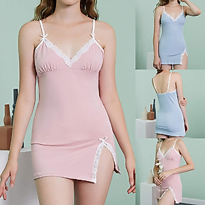 wodceeke Women's Sexy Sling Lace V-Neck Mini Dress Solid Color Split Hip Skirt Casual Home Nightdress (Blue, S)