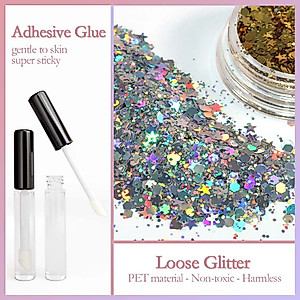 Allstarry Holographic Chunky Body Glitter 4 Colors Cosmetic Face Glitter Face Paint Sparkle Eye Flakes Festival Hair Sequins Mermaid Rave Accessories with Body Glue for Women Makeup Nails DIY Crafts