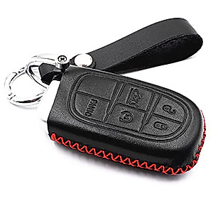 WFMJ Leather 5 Buttons Smart Key Fob Case Cover for Dodge Journey Durango Challenger Charger Jeep Grand Cherokee Chrysler 300 (Black)