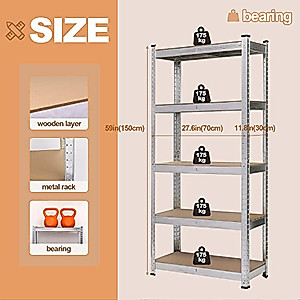 Timati Reversible Metal 5-Tier Adjustable Storage Shelving with Foot Pads, Heavy Duty Garage Shelving for Warehouse, Basement, Kitchen- Silver