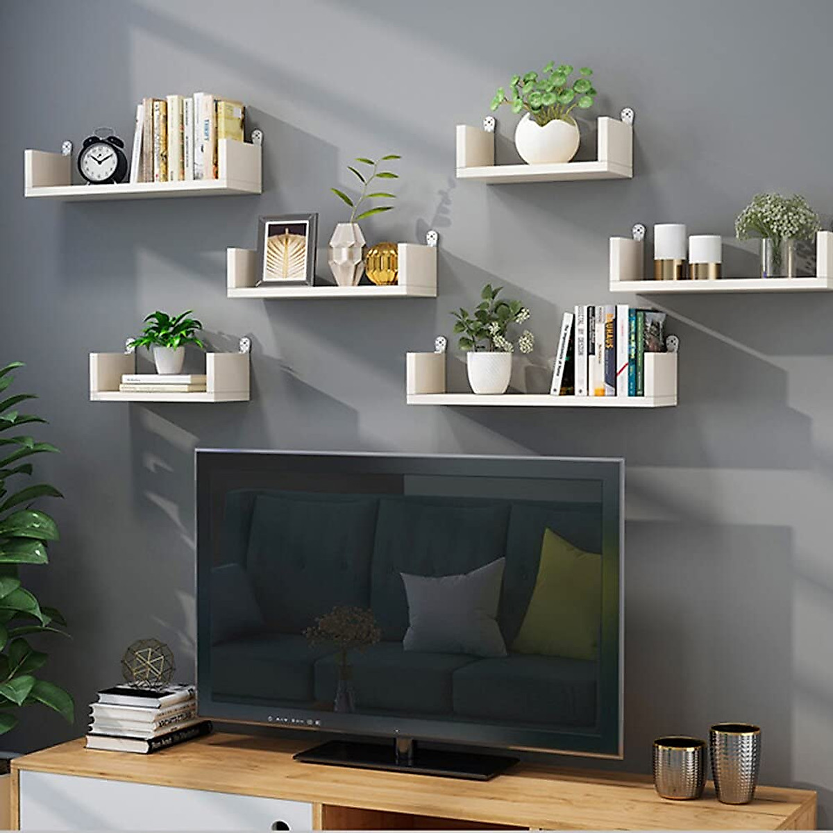 KF-Premium Set of 3 White U Shaped Floating Wooden Book Shelves - Wall Mounting Shelf Storage Display Book Unit for Bedroom Office Kitchen, Creative Self Hanging Display Bookcase