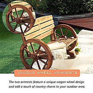 LOKATSE HOME Wooden Wagon Wheel Bench 2-Person Outdoor Rustic Chair Country Yard with Backrest, Burnt-Finished