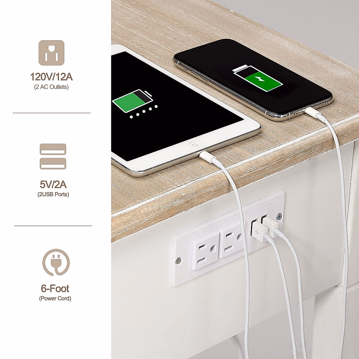 Wnutrees End Table with Charging Station,2 USB Ports and 2 Outlets,Nightstand Bedside Table with Drawer and Open Storage Shelf,for Living Room Bedroom,White,Set of 2