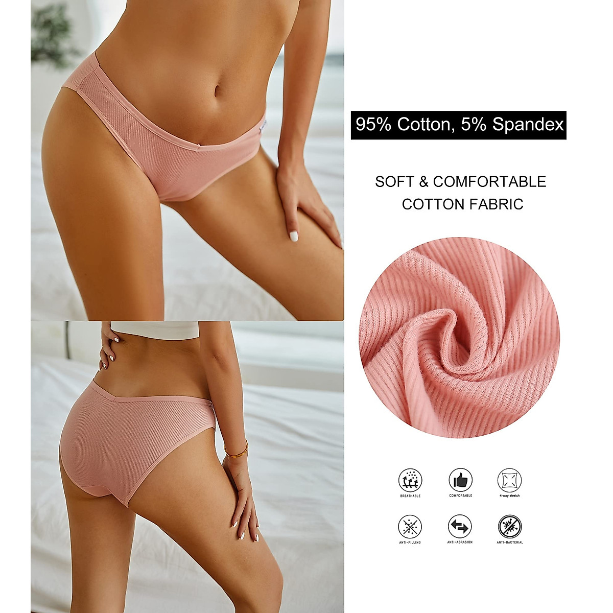 FINETOO Womens Underwear Cotton Bikini Rib Cheeky Panties Sexy V-shaped Waistband Hipster (XL)