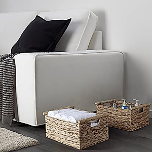 BSTNASI Natural Water Hyacinth Storage Baskets for Organizing Small Wicker Baskets With Handles, Woven rectangle Baskets for Storage Baskets for Shelves, Large Rectangular Towel Basket