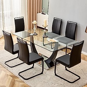 Glass Dining Table Set for 6, 6-Piece Modern Kitchen Table and Chairs Set with Tempered Glass Table and 6 Pcs PU Leather Chairs, Large Dining Room Table Set for Kitchen Dining Room (67" Black Table)