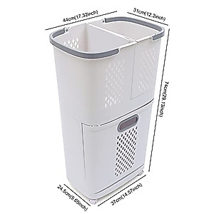 3 Tiers Laundry Basket with Handle on Wheels, Rolling Clothes Storage Bins, Laundry Hamper with wheels