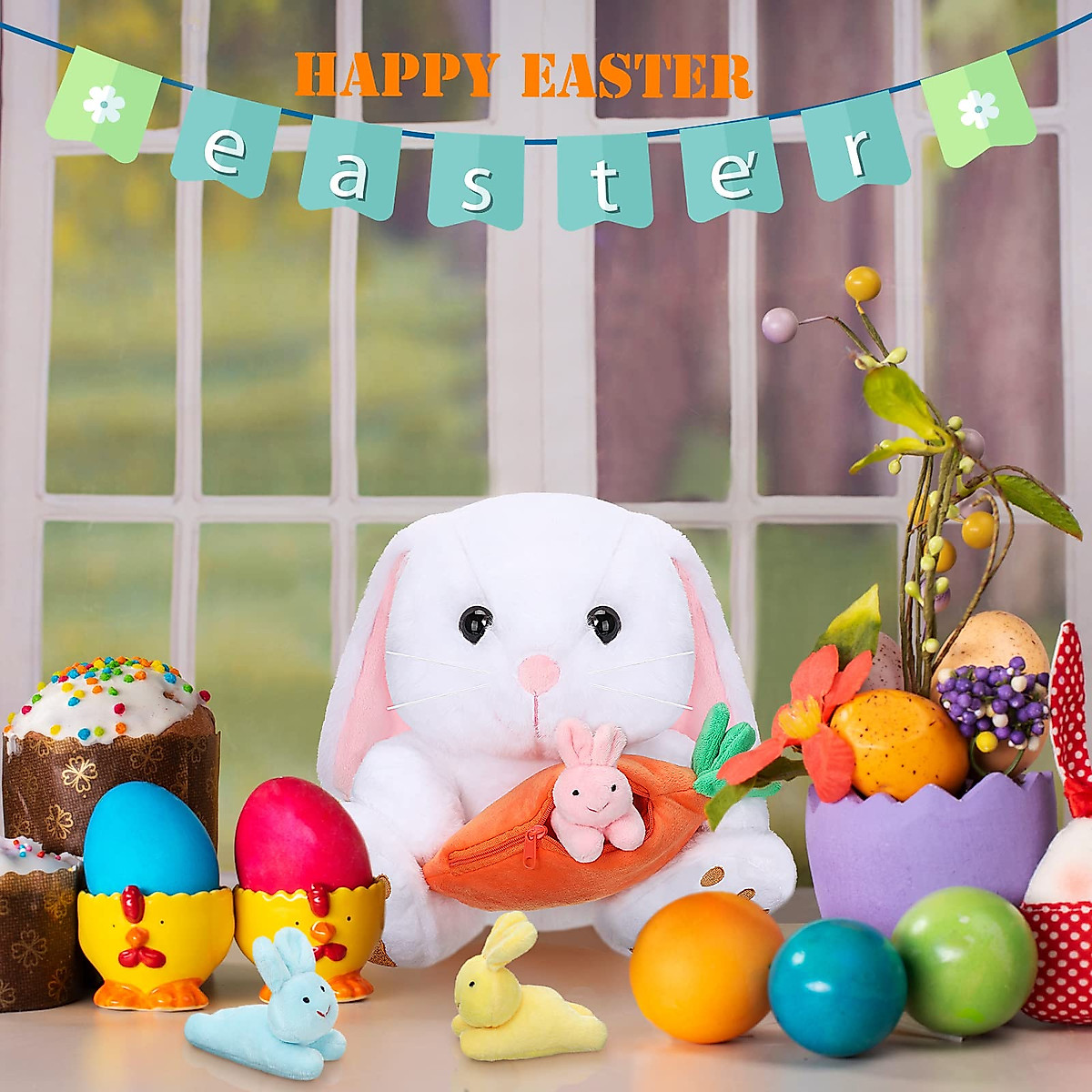 Easter Bunny Stuffed Animals with 3 Bunnies in a Carrot Rabbit Decor 10 Inches Easter Rabbit Plush Soft Cute Bunny Plush Toys Desktop Decoration for Boys and Girls Holiday Birthday Gift(Bunny)