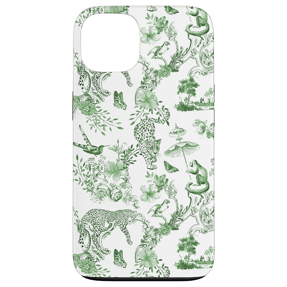 iPhone 13 French Green Toile Chinoiserie with Flowers, Leopards Case