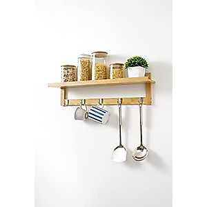 YourWoodStore Wall Mounted Coat Rack with Shelf, Floating Shelf, Natural, Wooden, 5 Alloy Hooks, 27 Inch, Supports Advanced Stud Spacing(24Inch), Entryway Organizer, Key Holder