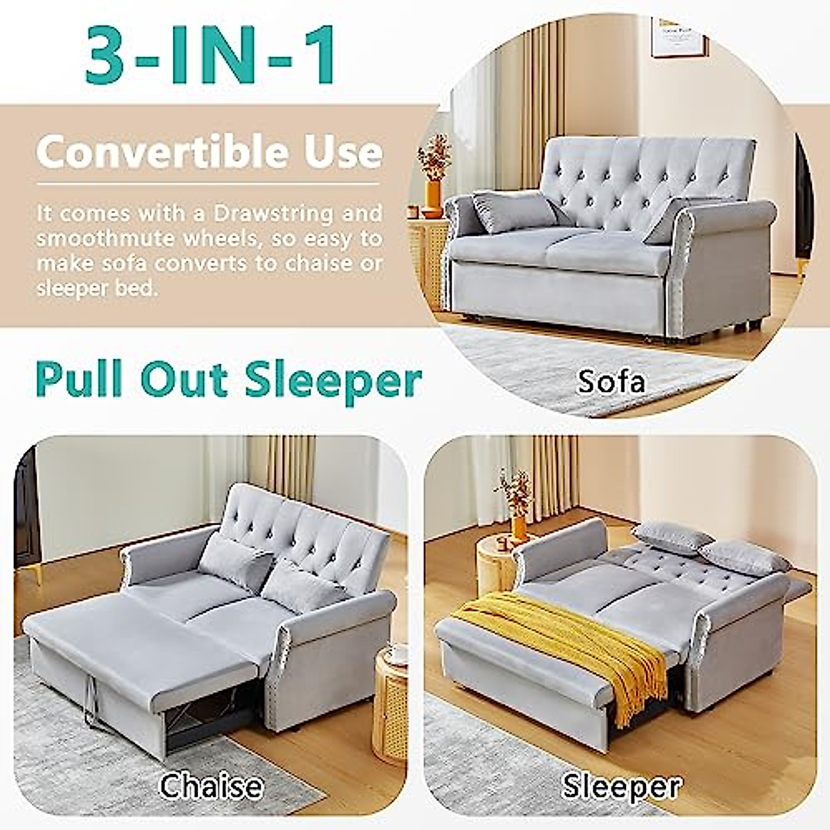 NOSGA Double Sofa Bed, 53.14" Pull Out Sofa Bed Velvet Convertible Sleeper Sofa Bed Velvet Sleeper Sofa Bed with 2 Pillows Adjustable Backrest Modern Adjustable Bed Lounge Chaise, Grey-1