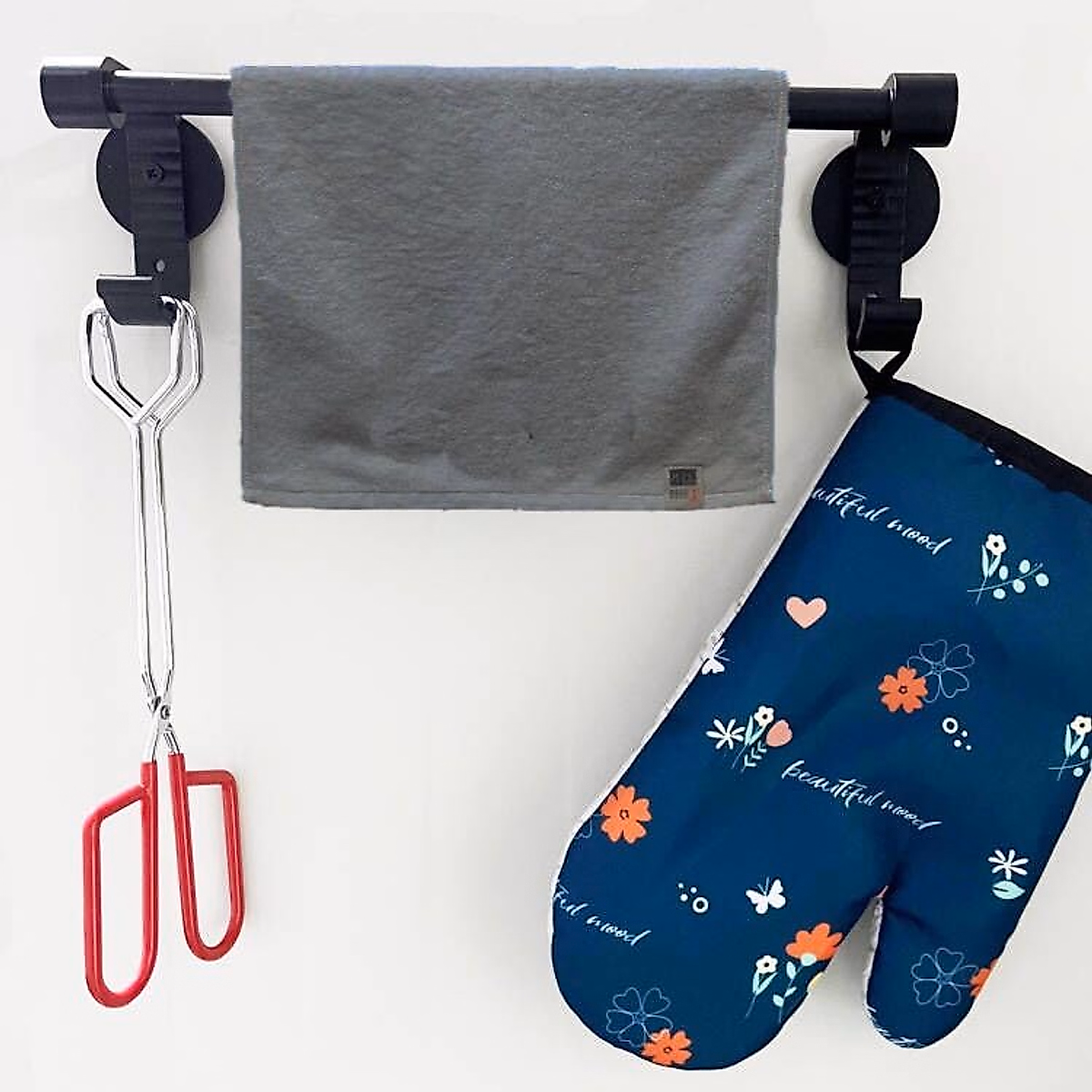 Magnetic Towel Bar with 2 Hooks for Kitchen Tongs Holder Oven Gloves Storage,Towel Holder Towel Hook Hanger for Fridge, Kitchen Stove, Oven, Dishwasher, Sink Laundry Washing Machine, Black