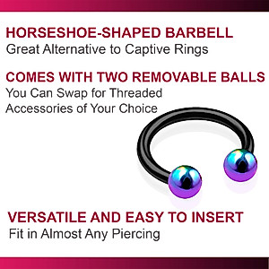 bodyjewellery 3pcs 16g Horseshoe Ring Lip Nose Septum Cartilage Hoop Tragus Forward Helix Black Anodized Steel Rainbow Balls - 8mm