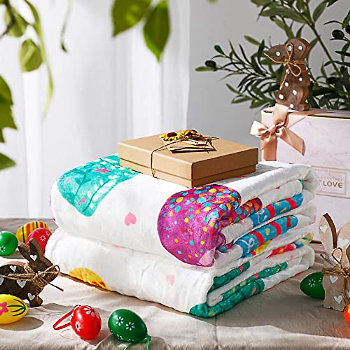 2 Pack Easter Throw Blanket Colorful Eggs Flannel Blanket Comfy Happy Easter Soft Cozy Lightweight Blanket for Sofa Couch Bed, 50 x 60 Inch