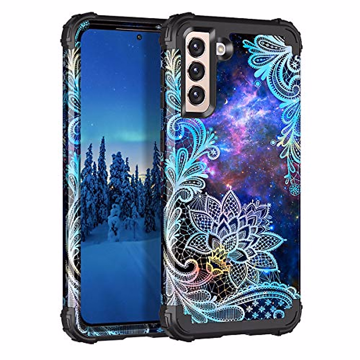 Casetego Compatible with Galaxy S21 5G Case,Floral Three Layer Heavy Duty Sturdy Shockproof Soft TPU+Hard PC Protective Cover Case for Samsung Galaxy S21 5G 6.2 inch,Blue Mandala