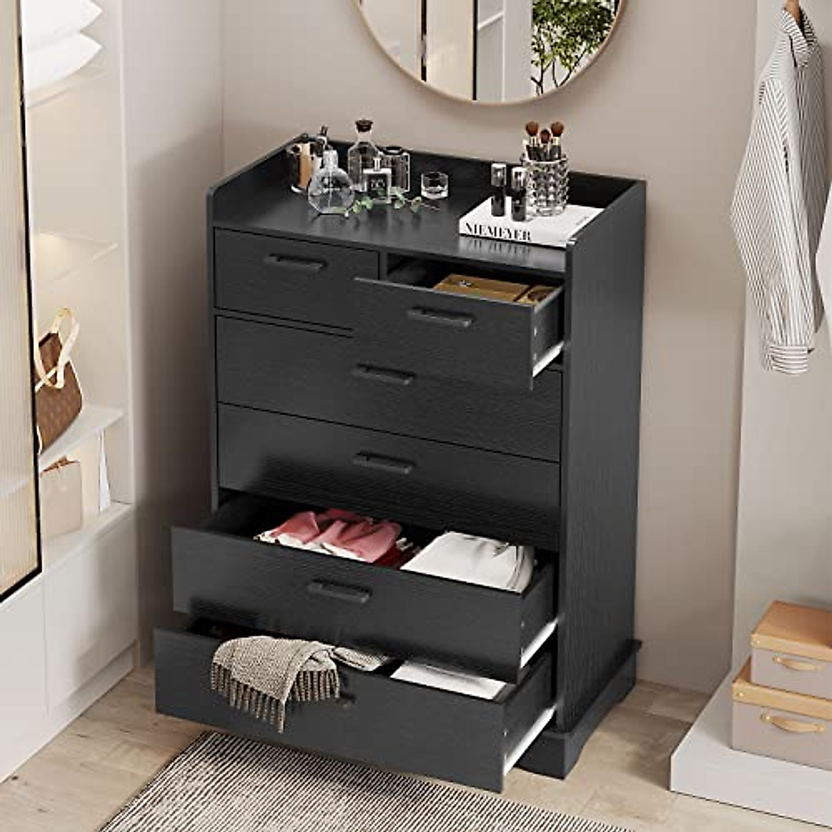 Hasuit Black 6 Drawer Dresser, Wooden Storage Chest of Drawers, Vertical Large Capacity Clothing Storage Organizer, Tall Dressers for Bedroom, Hallway, Entryway