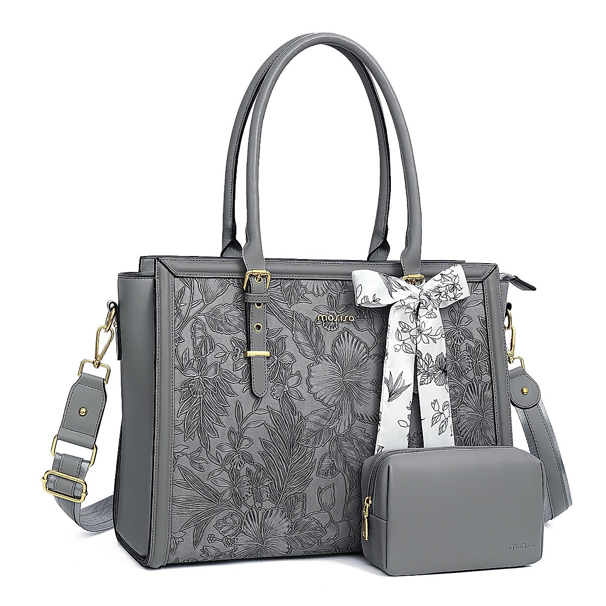 MOSISO Laptop Bag for Women, 17-17.3 inch PU Leathe Tote Bag Compatible with MacBook, HP, Dell, Asus Notebook, Front Embossed Retro Hibiscus Computer Bag with Silk Scarf&Clutch Purse, Gray