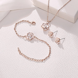 EleQueen Rose Flower Necklace Earrings Bracelet Set 14K White Rose Gold Plated Hypoallergenic Jewelry Sets Gift for Women Girls