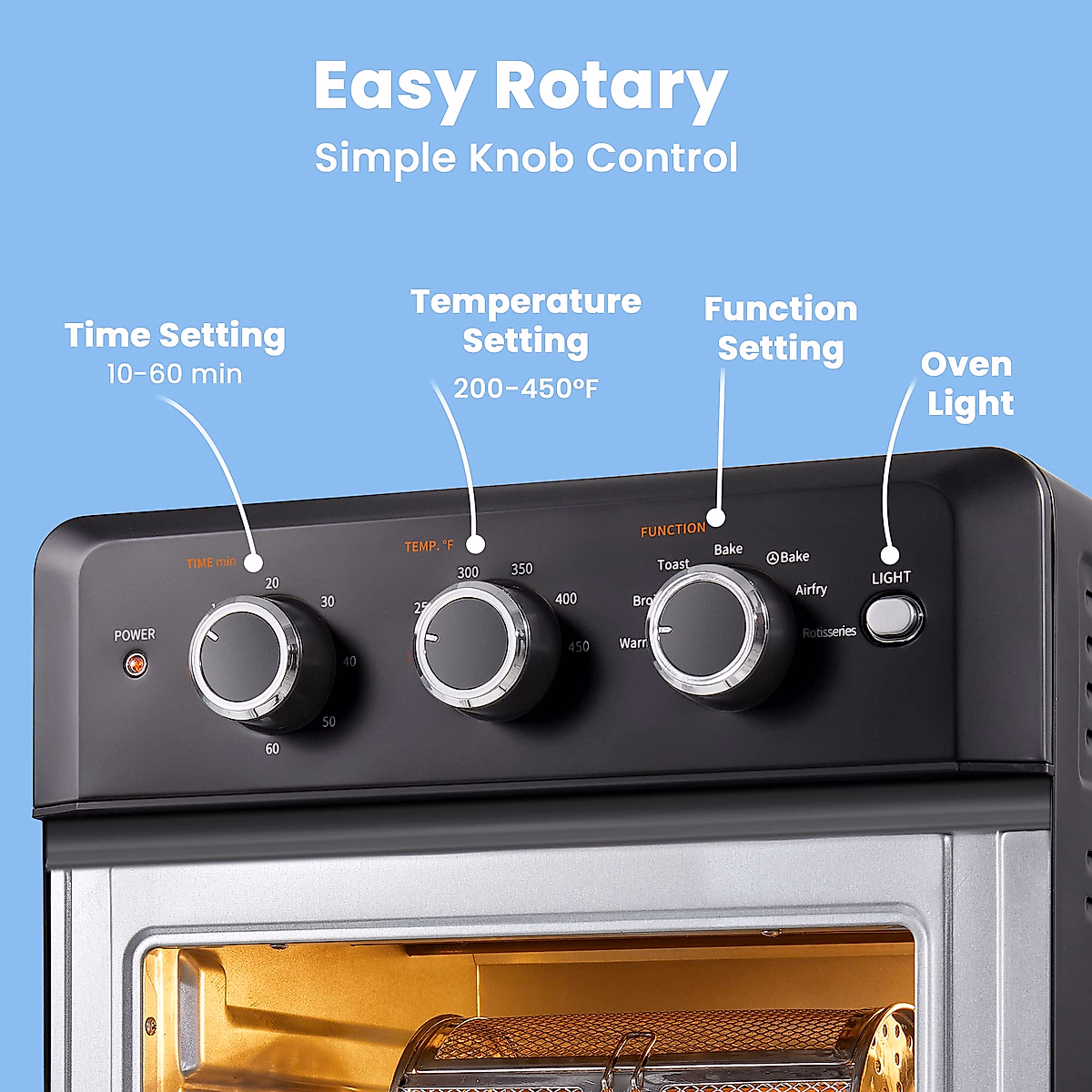 COMFEE' Retro Air Fry Toaster Oven, 7-in-1, 1500W, 19QT Capacity, 6 Slice, Rotisseries, Warm, Broil, Toast, Convection Bake, Black, Perfect for Countertop