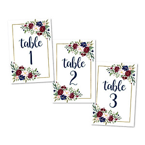 Hadley Designs 1-25 Burgundy Floral Table Number Double Sided Signs For Wedding, Restaurant Birthday Party Set Calligraphy Printed Numbered Card Centerpiece Decoration Reusable Frame Stand 4x6 Size