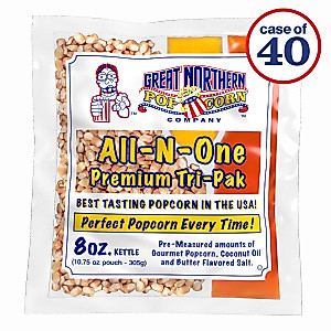 Movie Theater Style 40-Count Popcorn Packs - Pre-Measured 8-Ounce All-in-One Kernel, Salt, Oil Packets for Popping Machines by Great Northern Popcorn