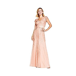 Adrianna Papell Women's Long Beaded V-Neck Dress with Cap Sleeves and Waistband, Blush, 6