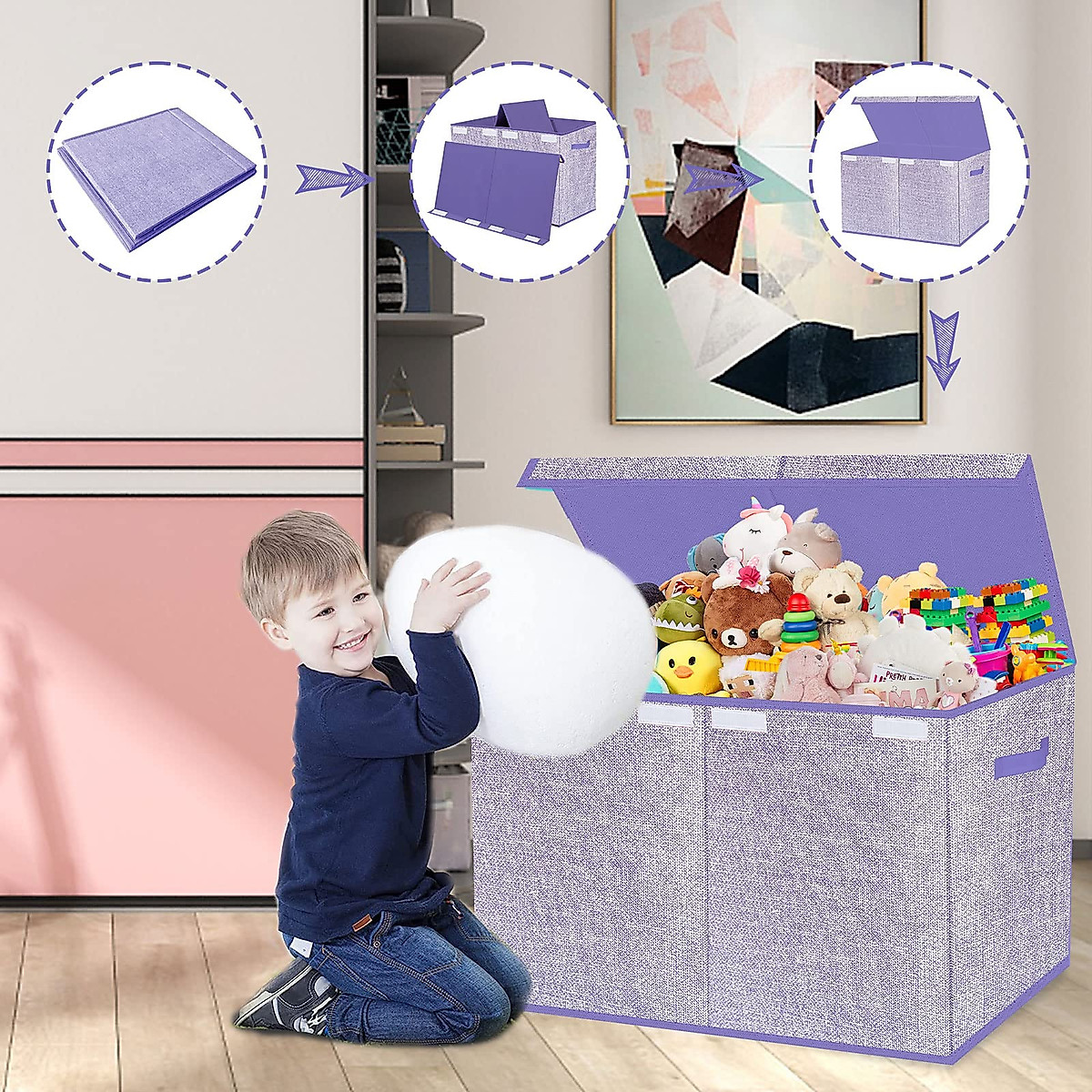 Pantryily Toy Storage Bins,Large Toy Box Chest with Lids,Foldable Stuffed Animal Toy Organizers and Storage with Sturdy Handles for Kids,Girls,Boys,Nursery,Playroom 24.5"x13"x16" (Purple)