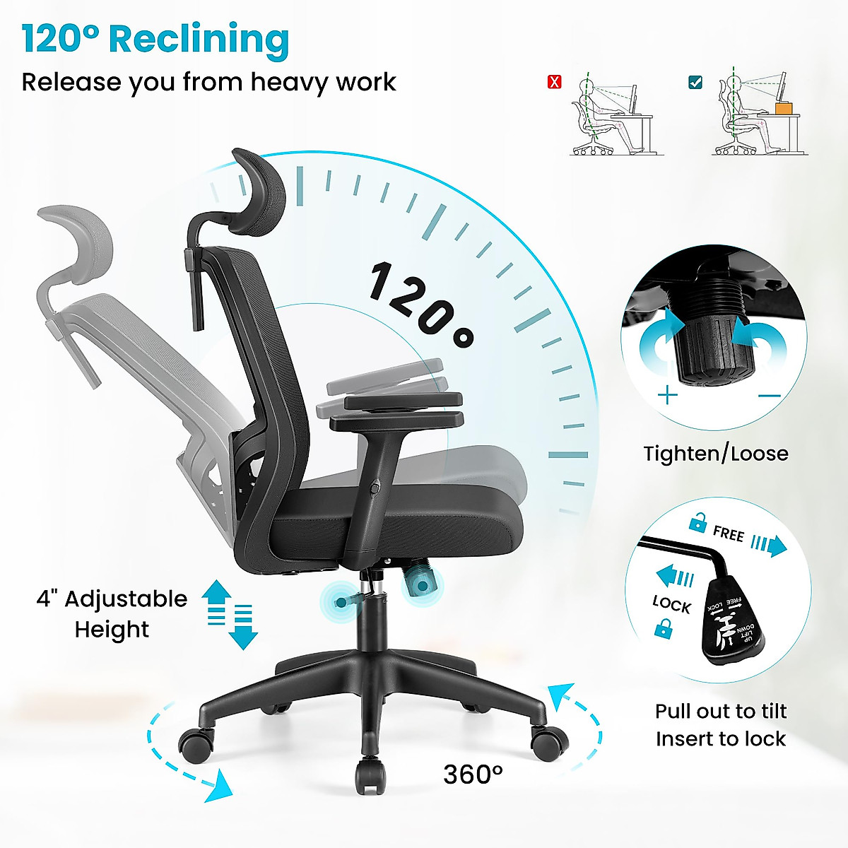 Brick Attic Office Chair Ergonomic Desk Chair High Back Computer Chair Swivel Mesh Task Chair with Adjustable Lumbar Support Armrests Headrest Black