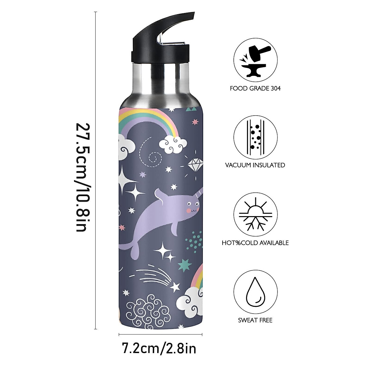 TropicalLife Insulated Water Bottle Narwhal And Rainbow Water Bottle with Straw Stainless Steel Bottle Vacuum Insulated Tumblers for School Sports