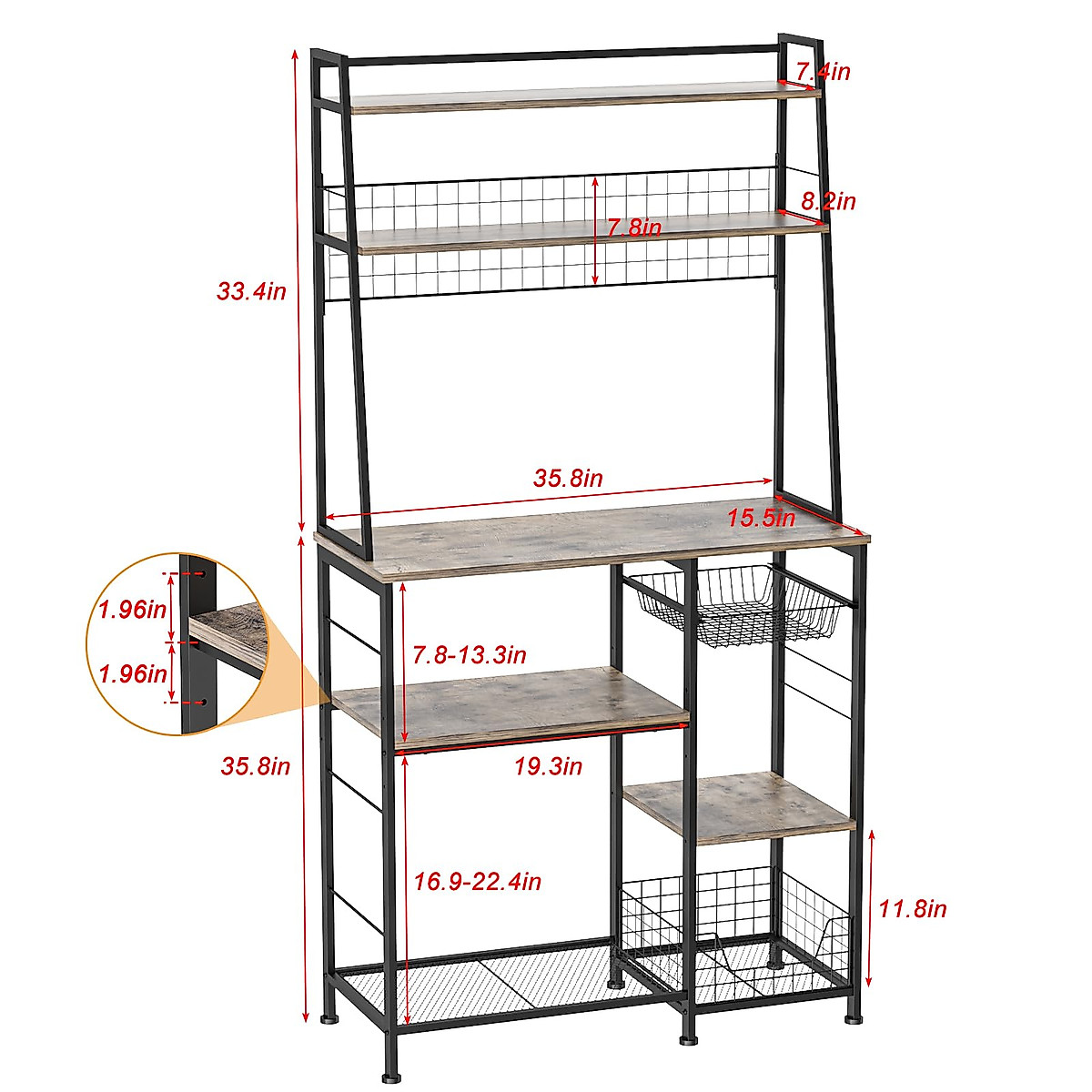 X-cosrack 5-Tier Coffee Bar Rack, Industrial Bakers Rack with Storage Shelves Hooks, Microwave Rack Organizer with Wire Basket Drawer for Kitchen, Coffee Station Pantry, (Rustic Brown)