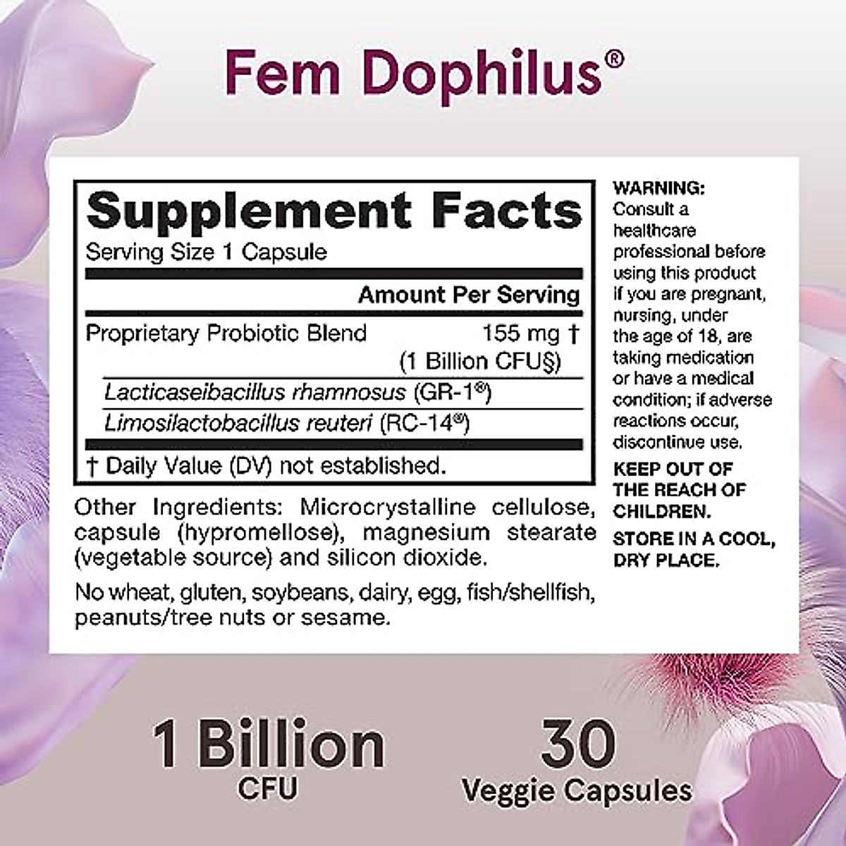 Jarrow Formulas Fem-Dophilus Probiotics 1 Billion CFU With 2 Clinically Effective Strains, Dietary Supplement for Vaginal Health and Urinary Tract Health, 30 Veggie Capsules, 30 Day Supply