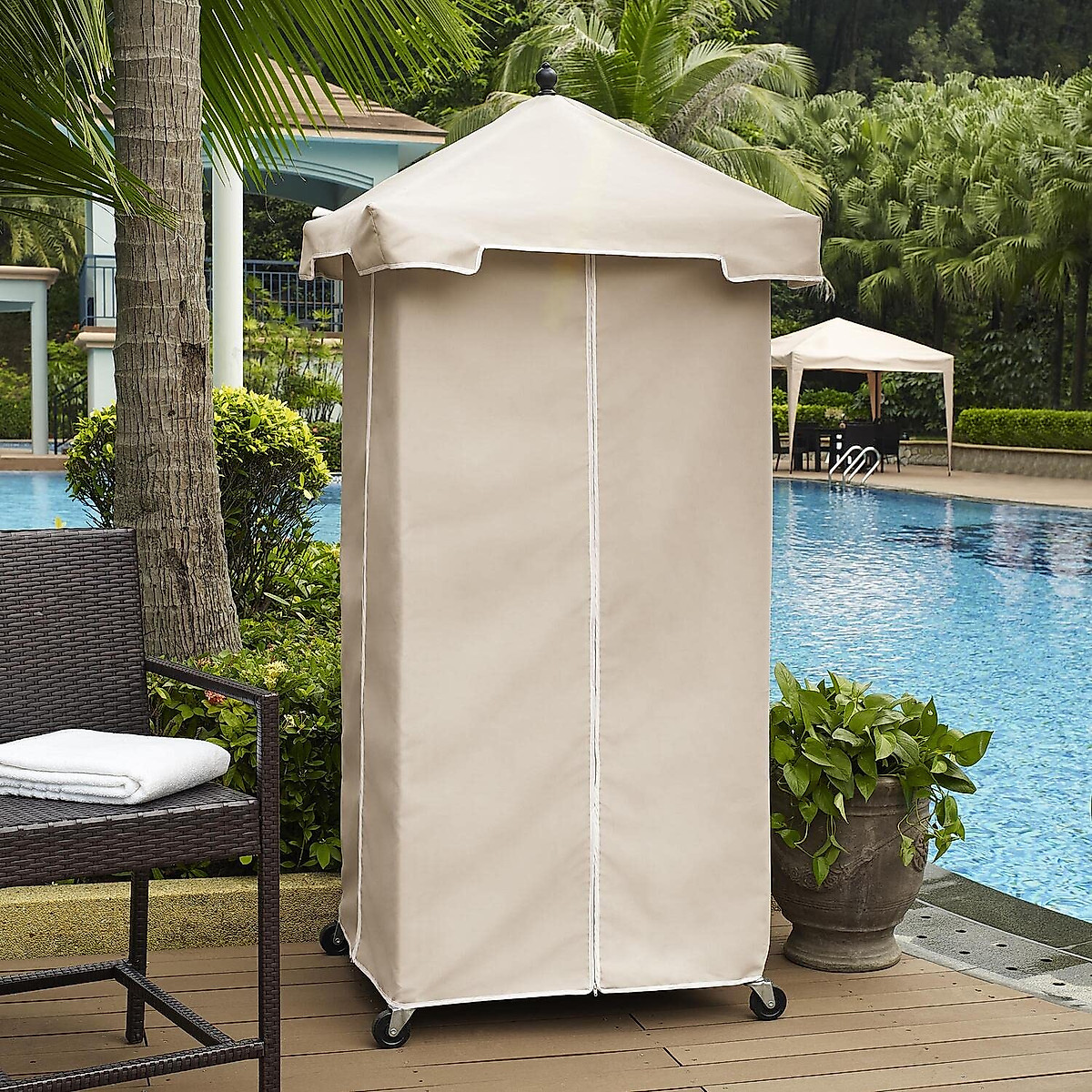 Maykoosh HonmeStock Nordic Haven Outdoor Wicker Towel Valet Sand/Brown, Floor Mountable, Wheeled, Portable - 31.5" D x 35.5" W x 79.75" H