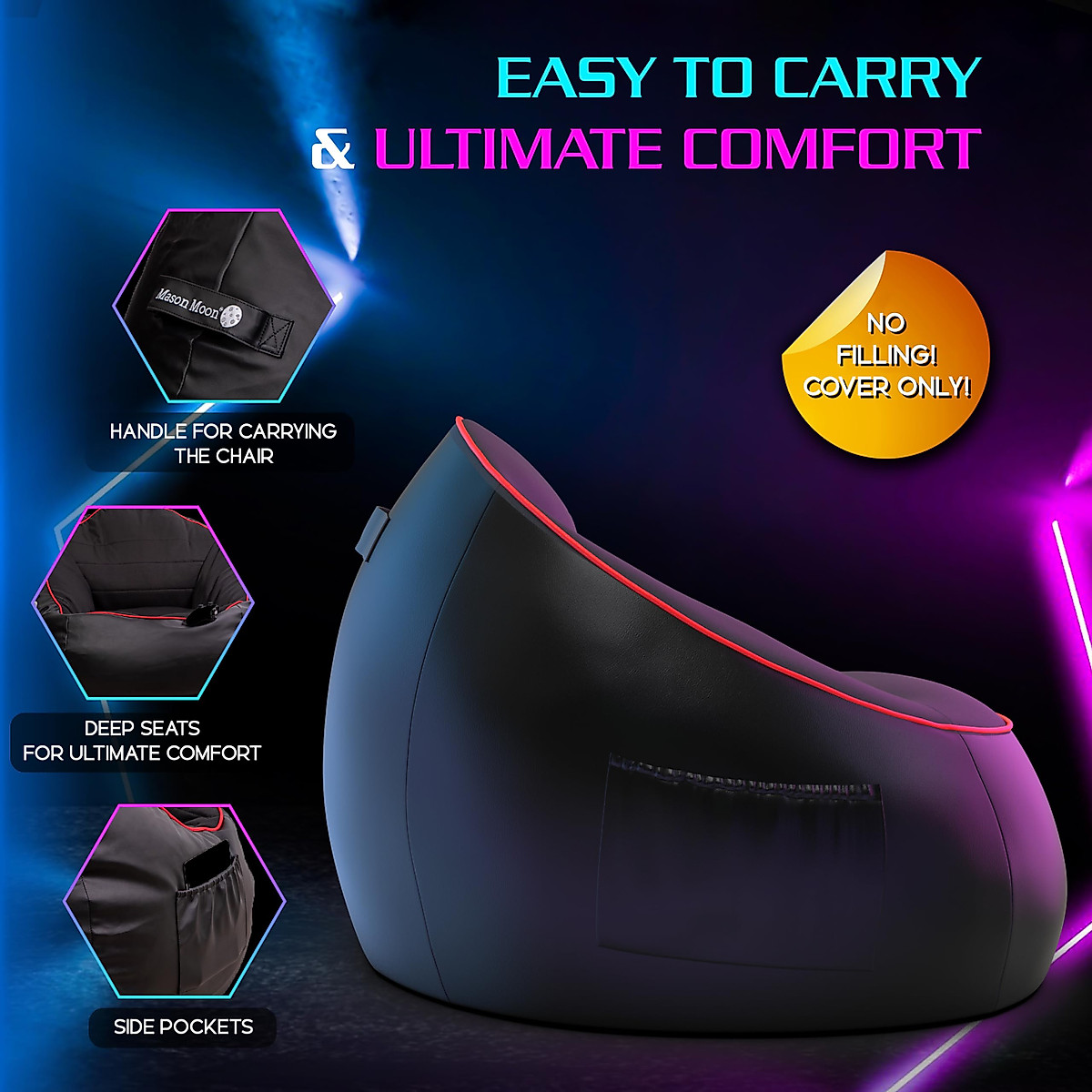 Mason Moon Bean Bag Chairs for Adults - 3FT - Cozy Big Bean Bag Chair - Lounging Dorm Chair - Round Black Floor Chair - Gaming Bean Bag Chair for Teens - Cover Only