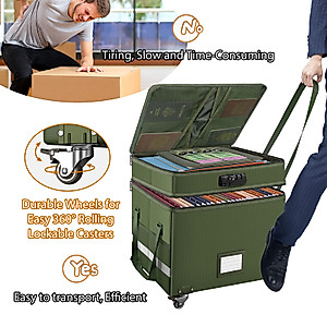 DocSafe File Box with Lock, 2-Layer Fireproof Document Box with Wheels,Collapsible Rolling File Storage Organizer Box with Pockets,Large Portable Home Office Filing Cabinet for Hanging Folders,Green