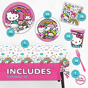 Hello Kitty Birthday Decorations & Party Supplies | Hello Kitty Plates, Cups, Napkins, Tablecloth, Forks, Sticker | Serves 16 Guests | Officially Licensed