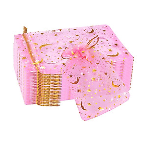 DIYOMR 120Pcs Dream Night Sky Star Moon Gold Organza Lovely Bags Jewelry Cosmetic Bags 4.3x6.3 Inch Drawstring Mesh Favor Pouches Giftwrap Bags for Wedding Party Gift Packaging (Pink)