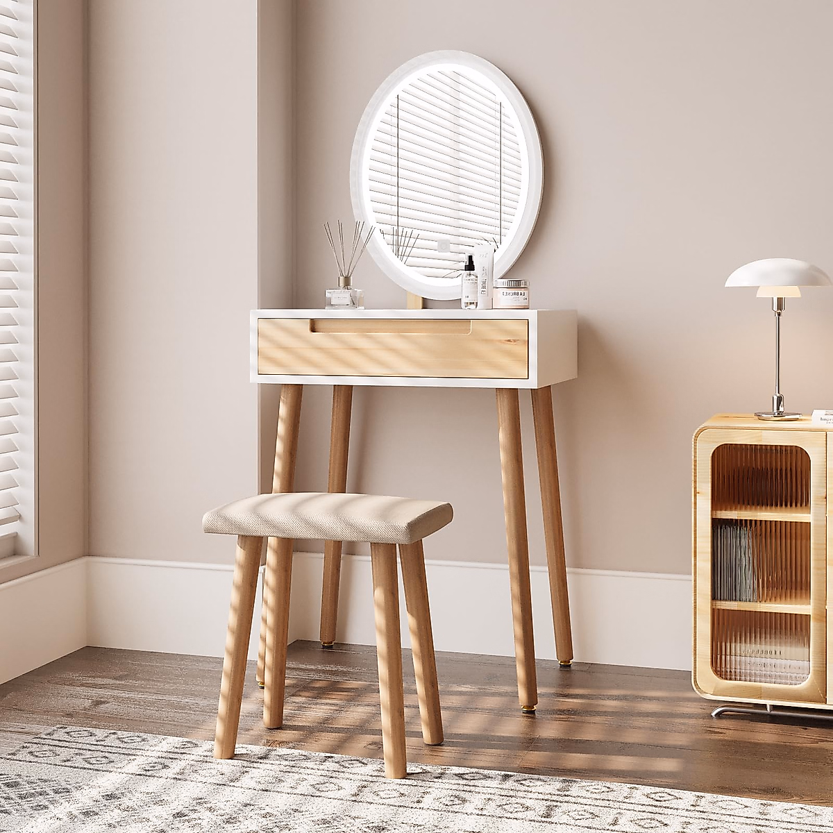 ARTETHYS Small Makeup Vanity Desk with 3 Adjustable Lighted Mirror and Chair, 24 Inch Makeup Vanity Table with Big Drawer Wooden Frame for Small Space