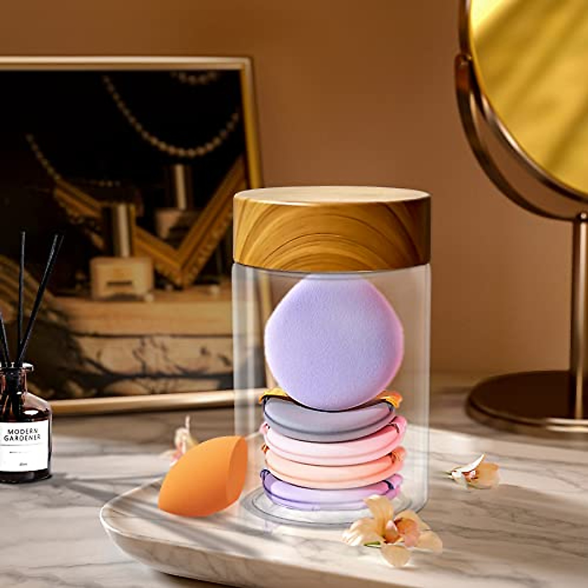 Homesweet Qtip Holder Bathroom Set, 2 Bathroom Jars with Tray, 11oz Plastic Airtight Jars Perfect for Family with Kids, Moisture-Proof, Bamboo Tray with Non-Slip Pads, Wood Color