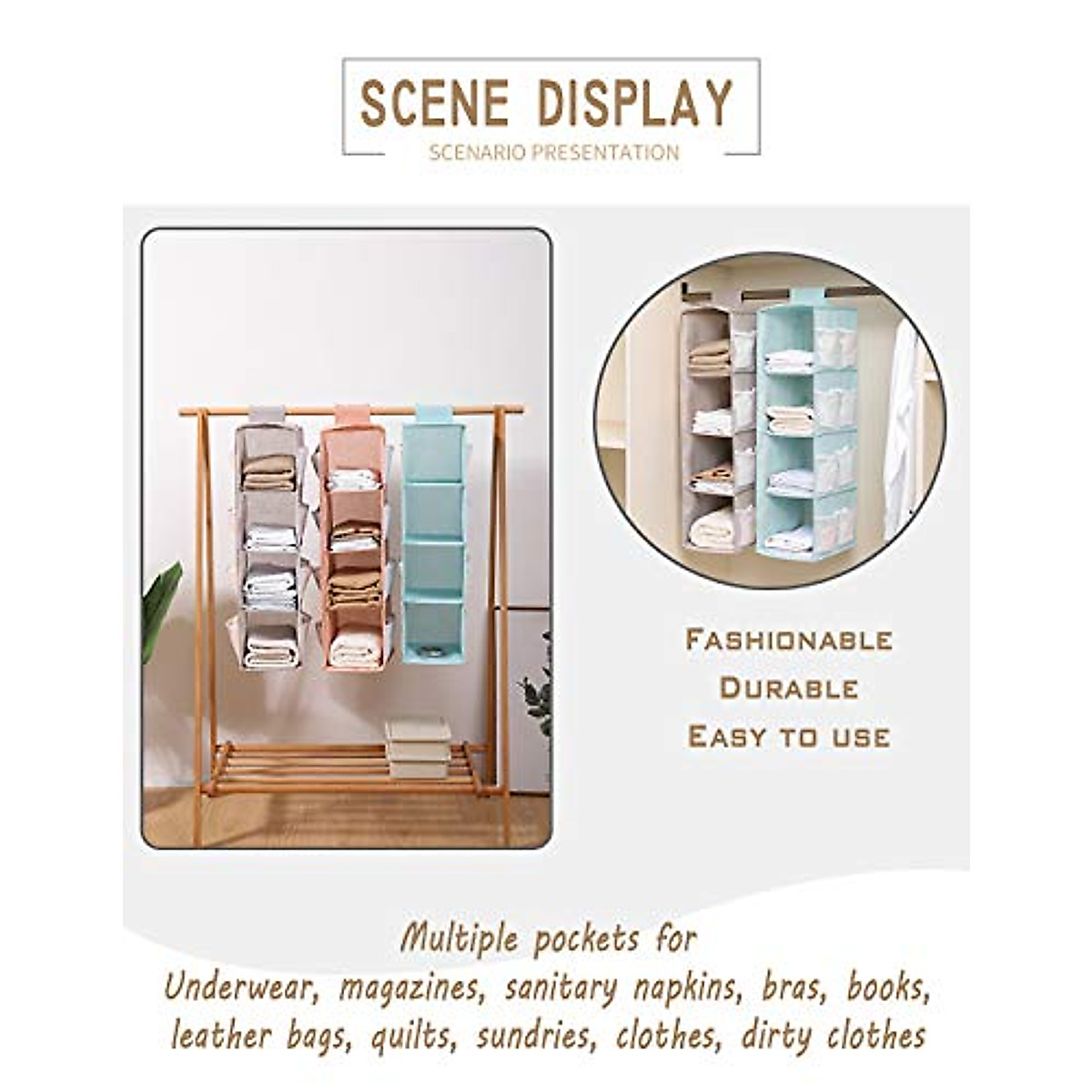 AARAINBOW 2 Packs Hanging Closet Organizer with 4 Shelf Wardrobe Clothes Organizer with 12 Side Pockets, Collapsible Hanging Storage for Sweater Pants Bra Socks (Gray Pink)