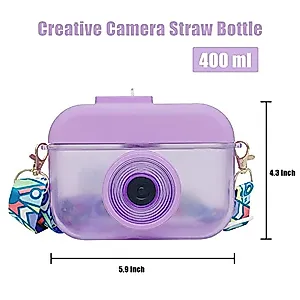 ORIJOYNA 13 oz Cute Water Bottle with Straw - Camera Shape Water Cup with Adjustable Shoulder Straps - Ideal Kawaii Gift for School (Purple)
