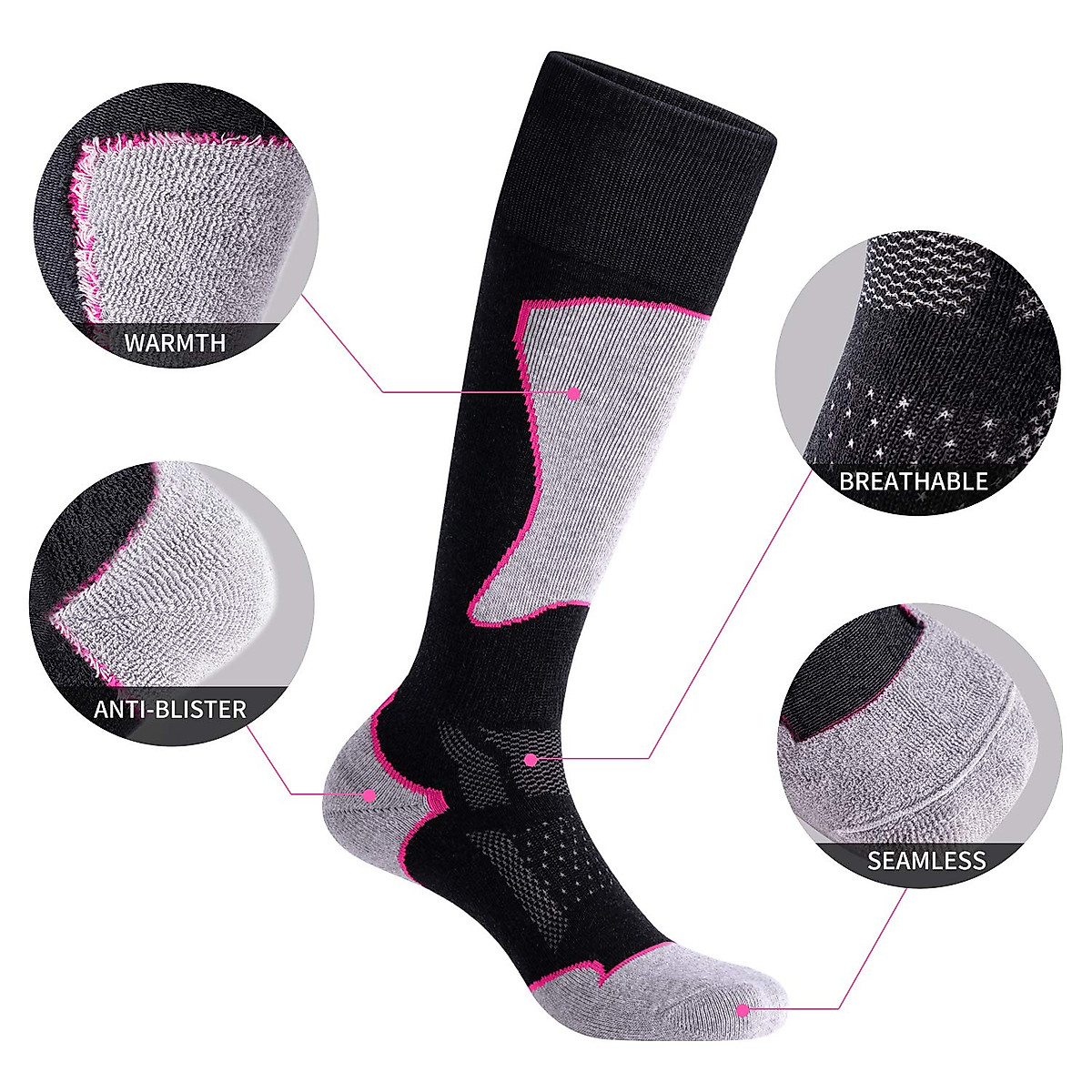CelerSport 2 Pack Women's Ski Socks for Skiing, Snowboarding, Cold Weather, Warm Thermal Socks Winter Performance Socks Gifts for Women, Black+Rose Red, Medium
