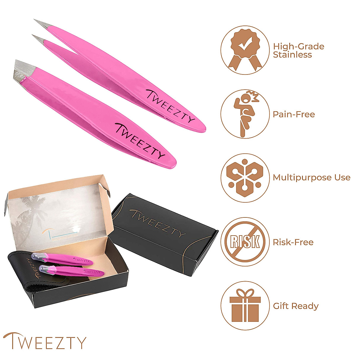 Tweezty Tweezer Set for Travel - Mini Slant Tweezers and Precision Tweezers - Tweezers for Eyebrows and Tweezers for Ingrown Hair - Pink Tweezers Kit with Travel Case