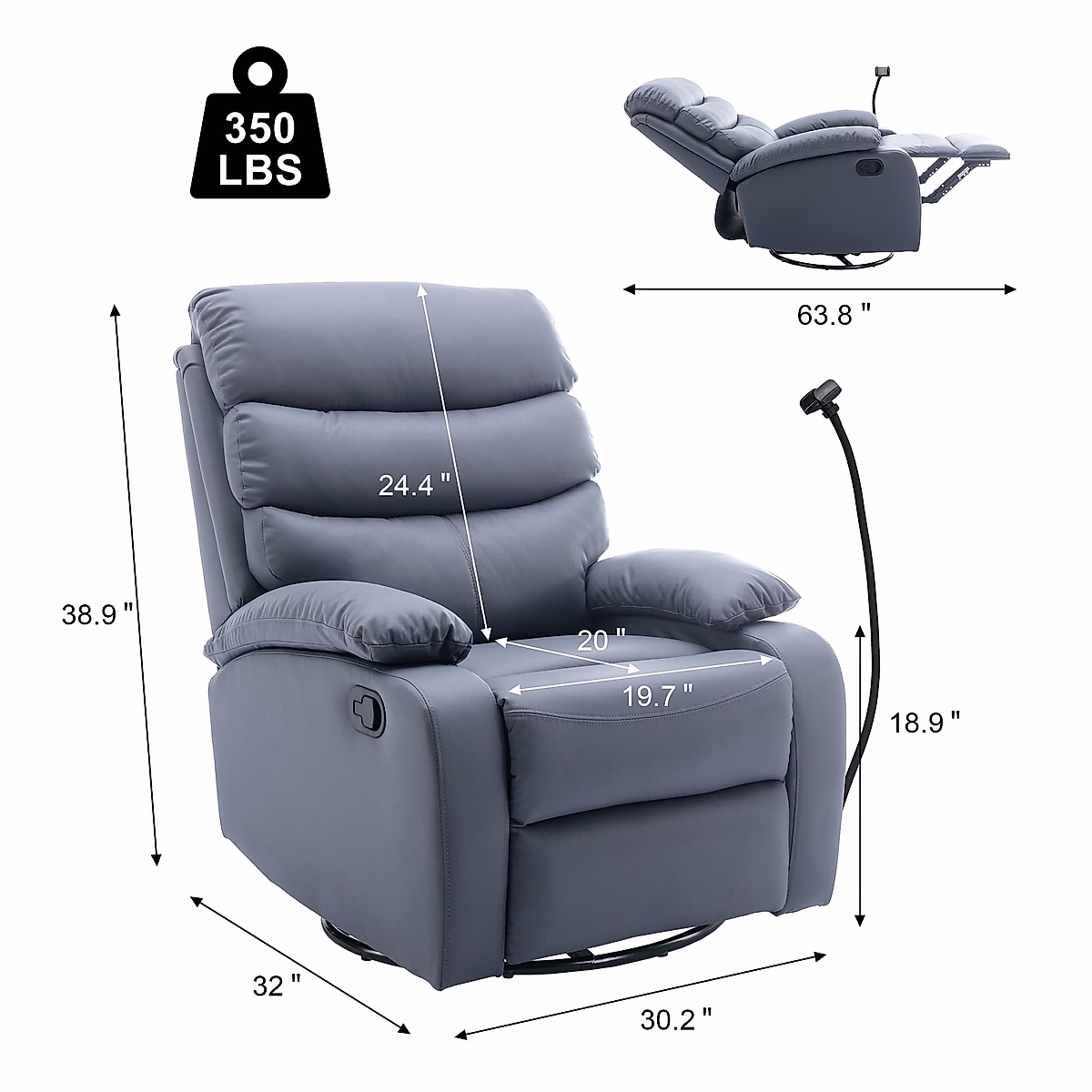 GNMLP2020 Swivel Rocker Recliner Chair for Adults, Rocking Recliner Chair, Manual Small Recliners for Small Spaces, Living Room, Nursery, RV, Dark Grey