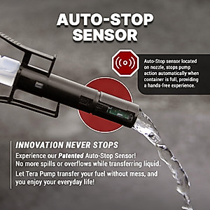 TERA PUMP 4th Gen TRFA01 Fuel Transfer Pump with Auto-Stop for Overfill Protection (2.9 GPM) Includes 3x Gas Can Adapters, Long Hose, Liquid Transfer Pump for E15, E85, Gas, Diesel & More