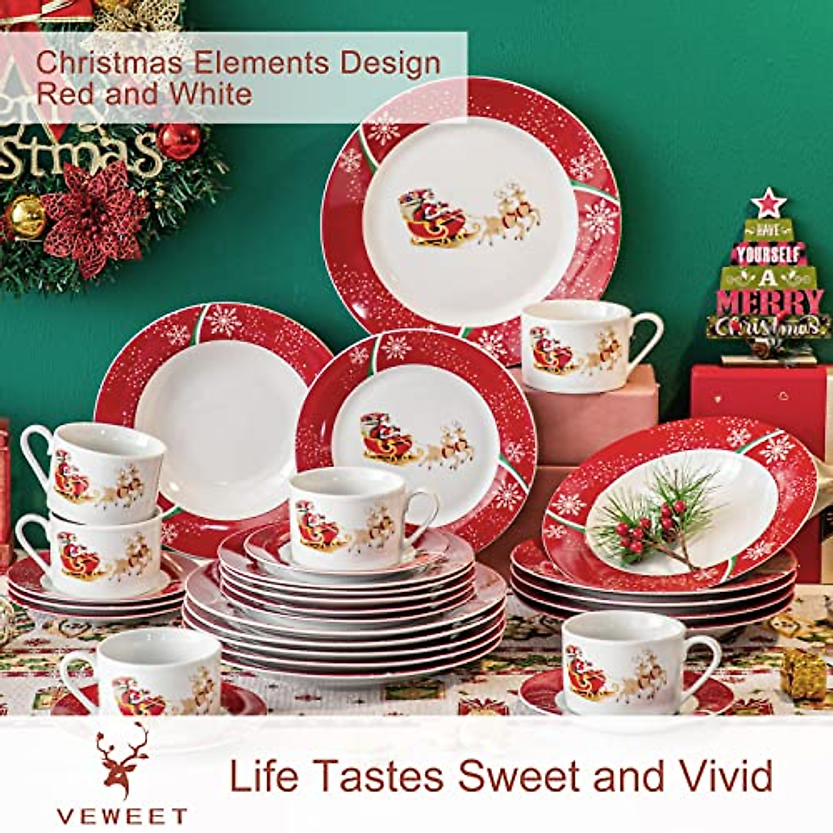 VEWEET Christmas Dinner Set for 6, 30 Piece Ceramic Christmas Dishes, Christmas Deer Plate Sets with Dinner Plate, Dessert Plate, Soup Plate, Cup, Saucer, Service for 6, Christmas Deer Series